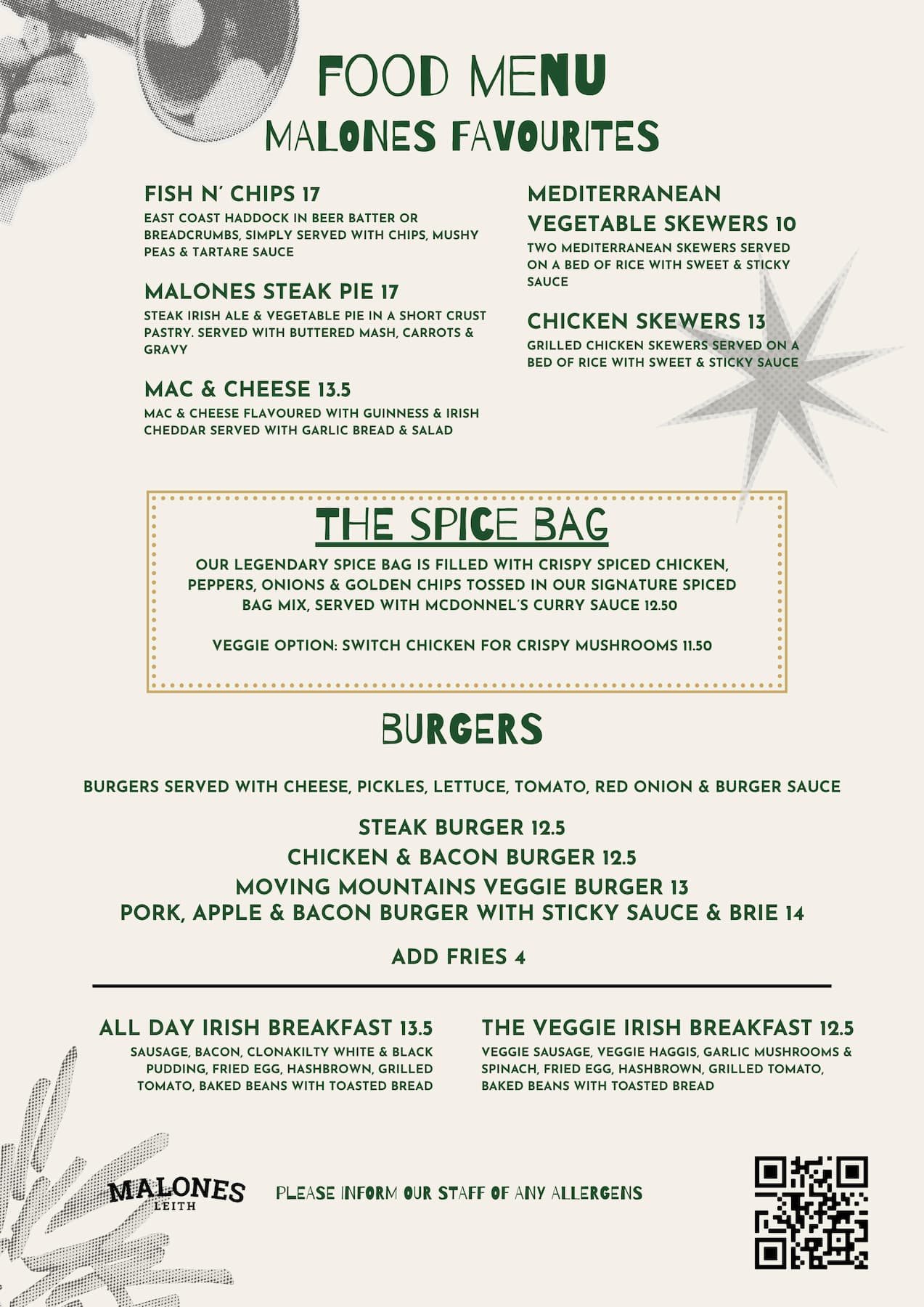 Food Menu - Malones Irish Bar Leith